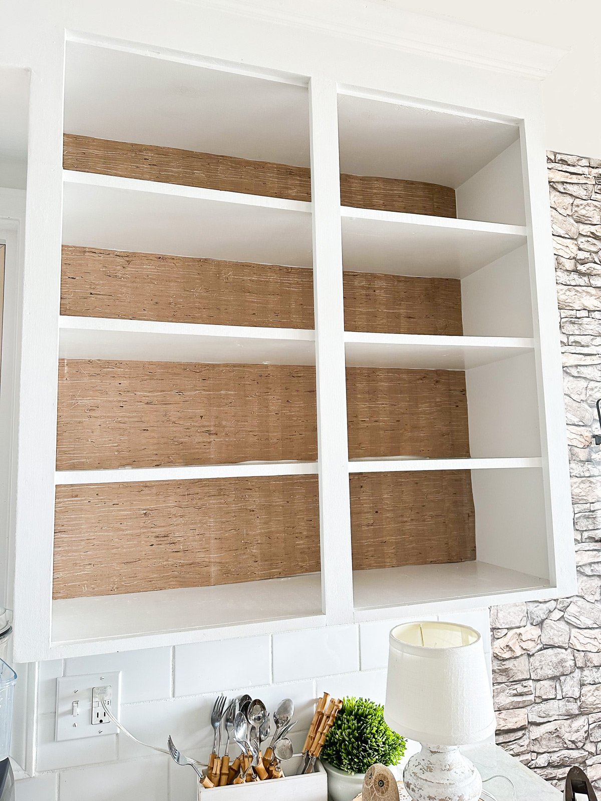 Fall Kitchen Shelf Styling Using Wallpaper - In My Own Style