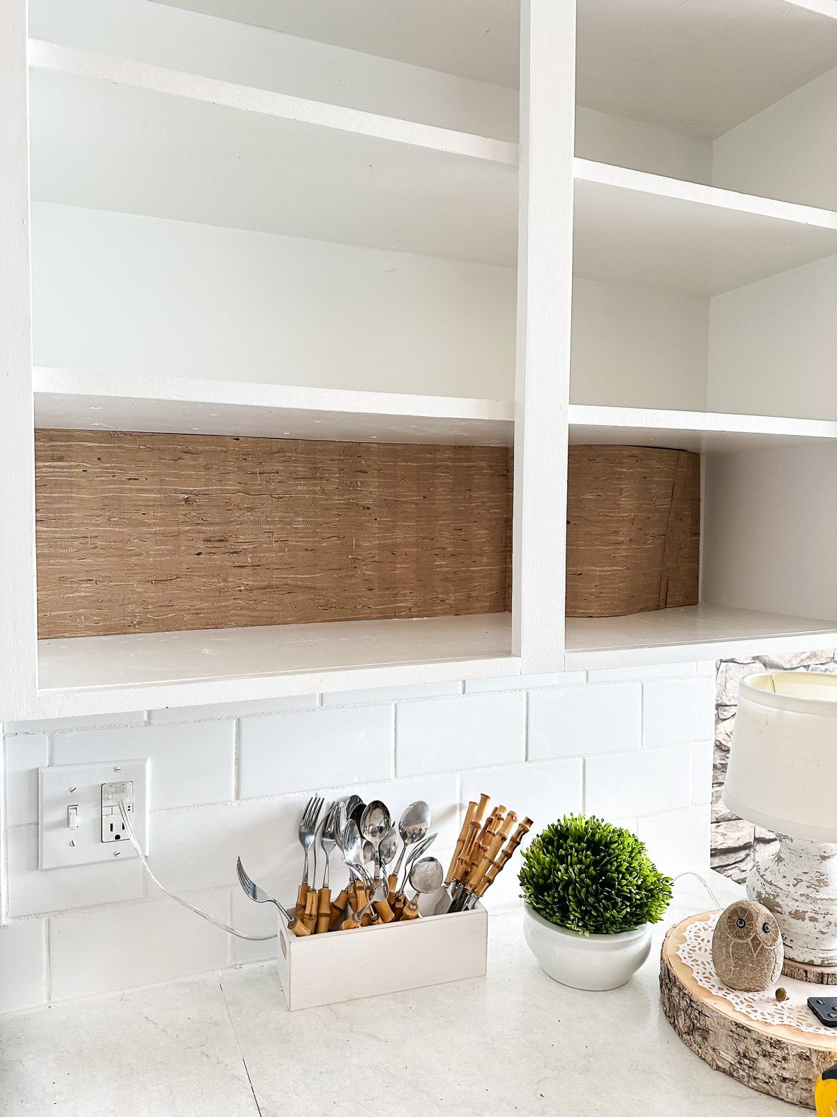 Fall Kitchen Shelf Styling Using Wallpaper - In My Own Style