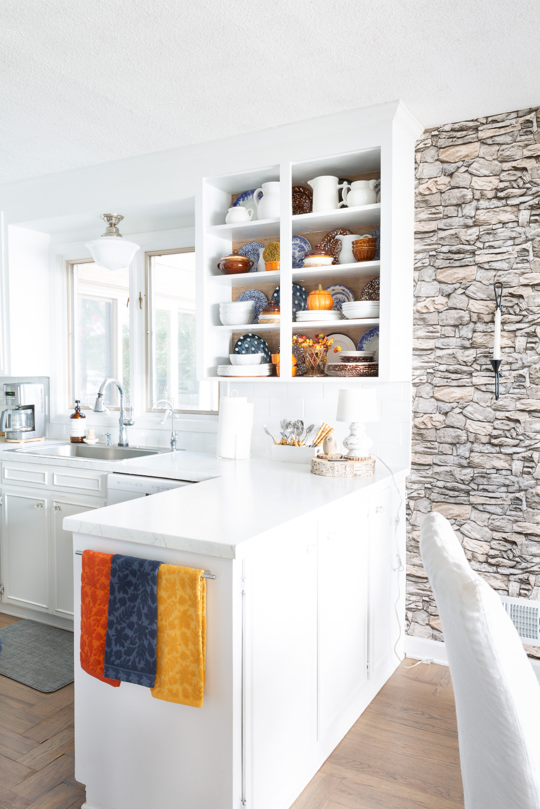 Fall Kitchen Shelf Styling Using Wallpaper - In My Own Style