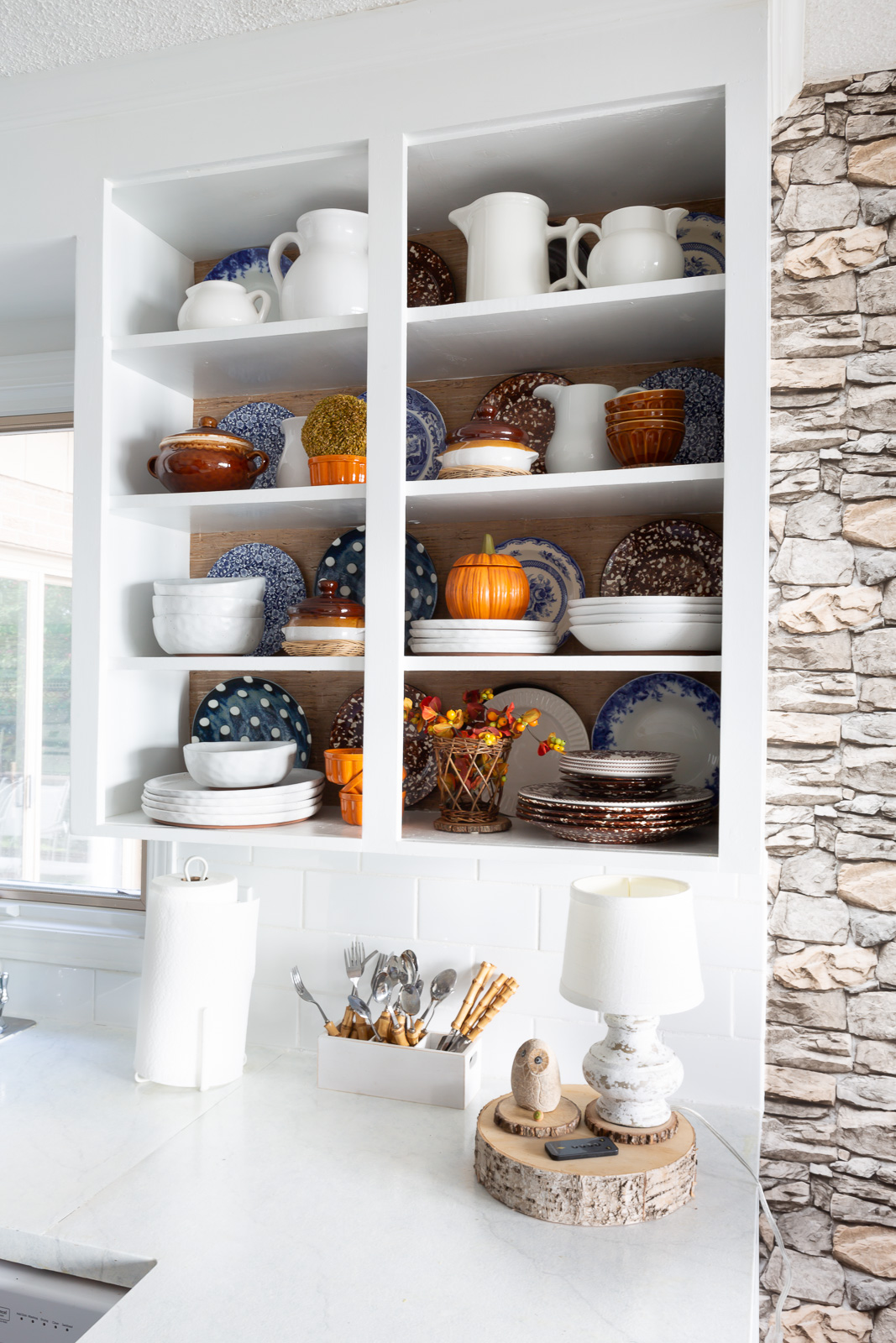Fall Kitchen Shelf Styling Using Wallpaper - In My Own Style