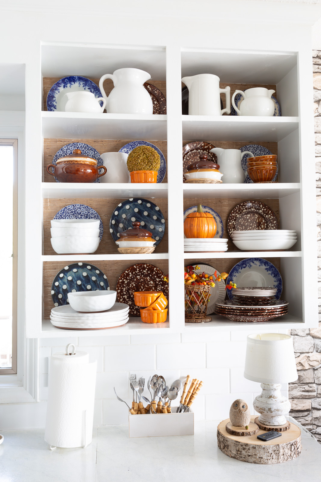 Fall Kitchen Shelf Styling Using Wallpaper - In My Own Style